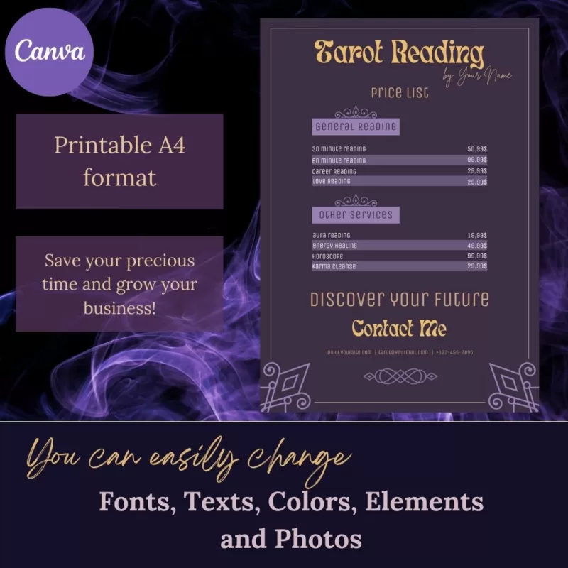 Printable Price List Template for Tarot Readers | Magic Designs
